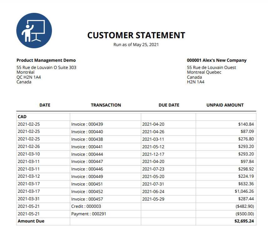 Customer statements report
